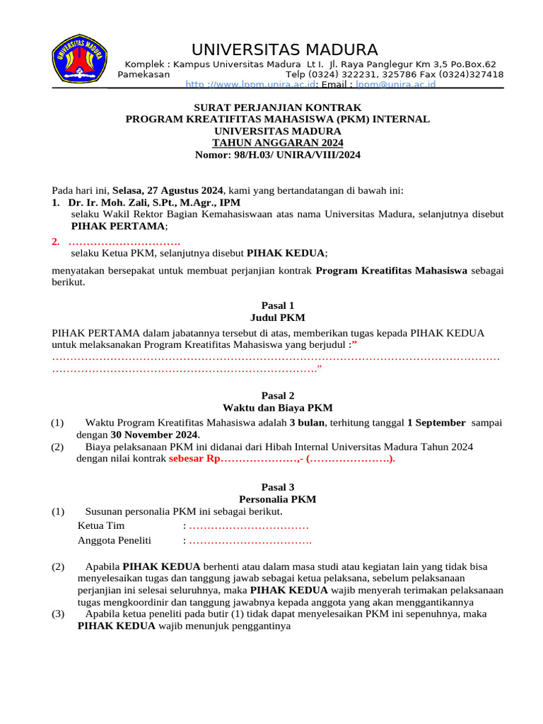 KONTRAK PKM INTERNAL | PDF