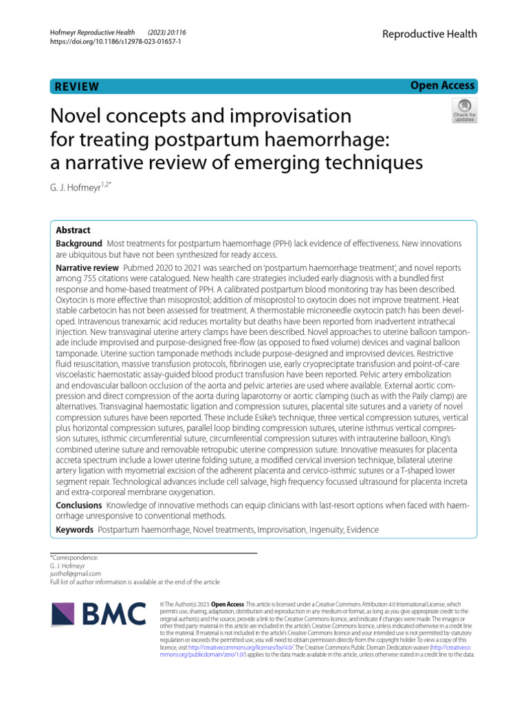 Novel concepts and improvisation for treating postpartum haemorrhage revision 2023 | PDF