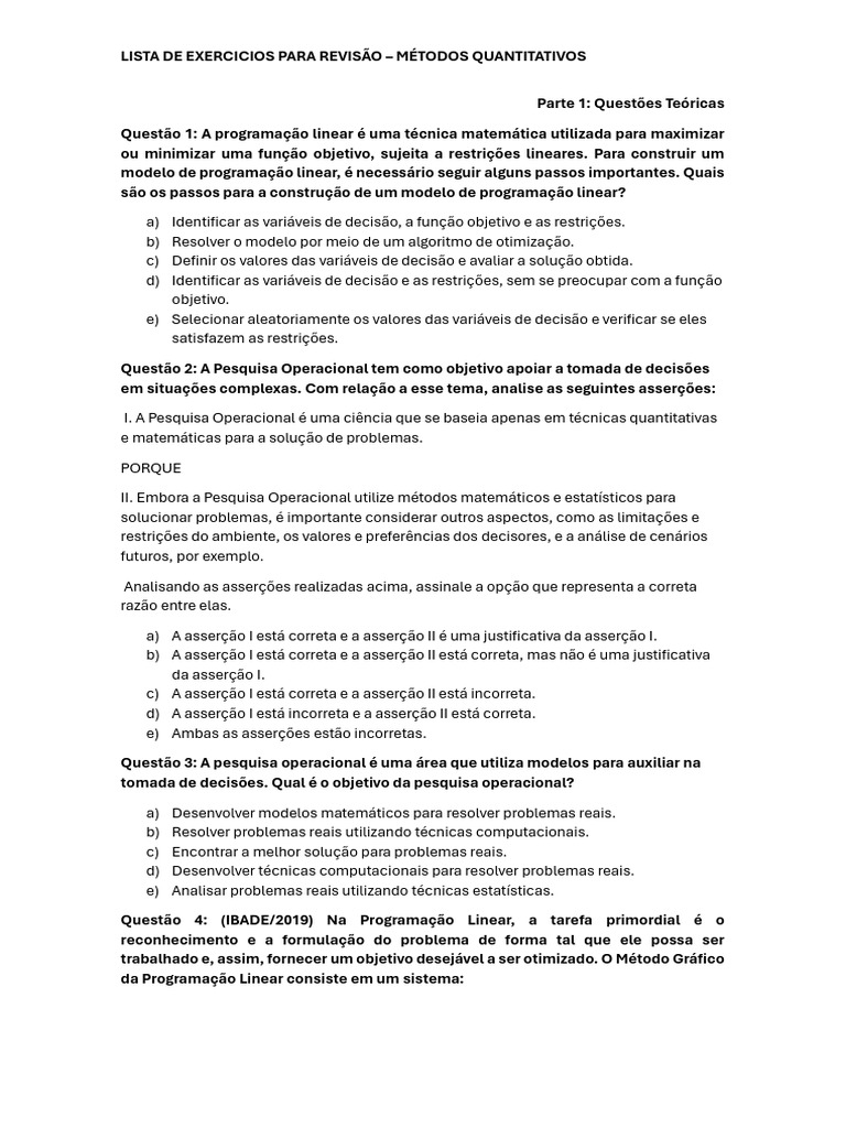 Lista de Exerc Cios - REVISAO | PDF | Pesquisa operacional | Negócios
