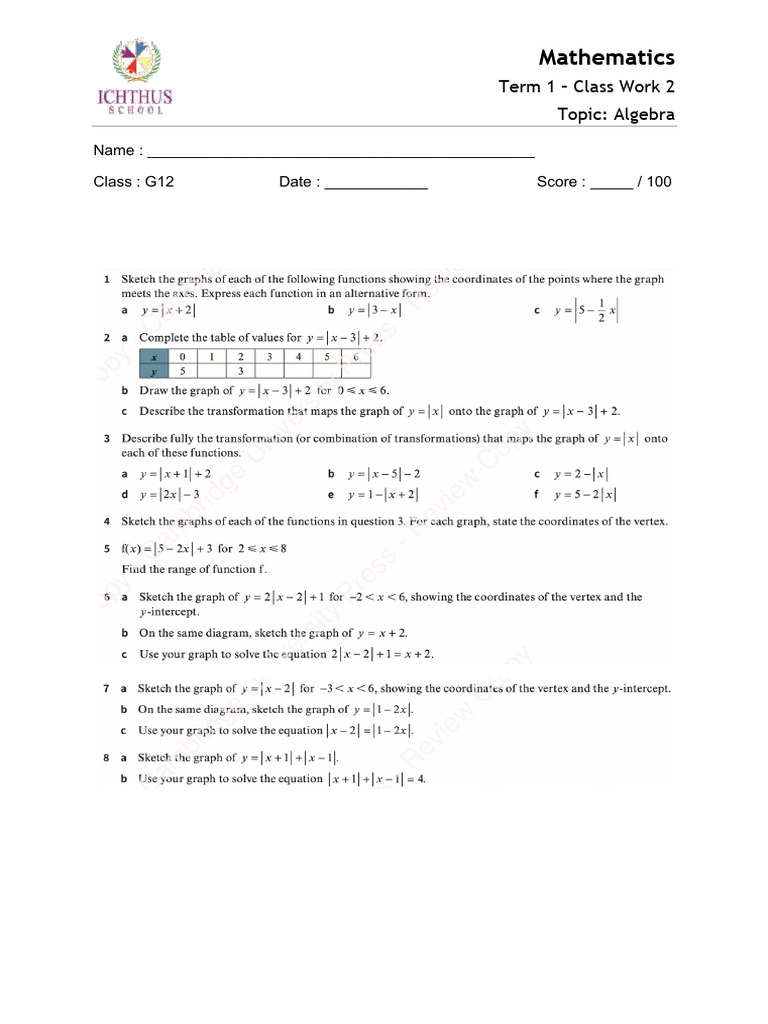 2023-2024 - Mathematics - G12 - Class Work-2 - Algebra | PDF