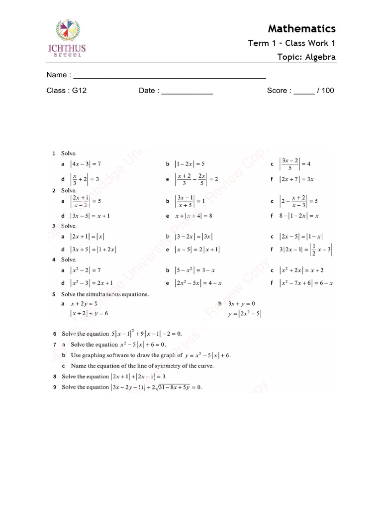 2023-2024 - Mathematics - G12 - Class Work-1 - Algebra | PDF