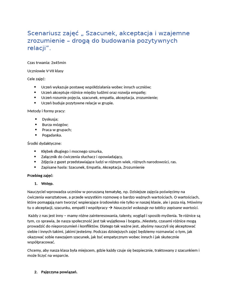 Scenariusz Zajęć Wychowawczych | PDF