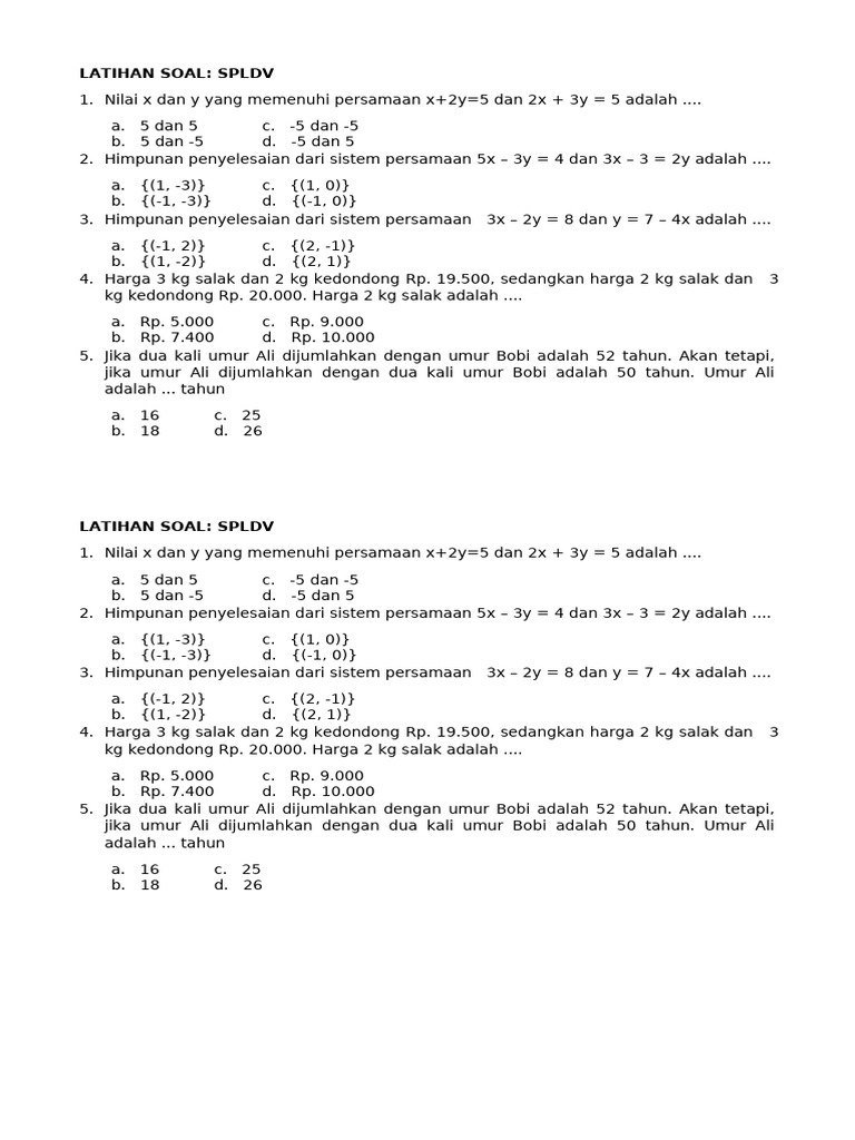 Latihan Soal SPLDV | PDF