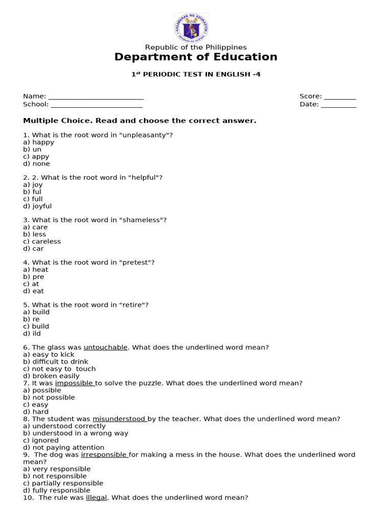 ENGLISH Q1-Periodic Test | PDF