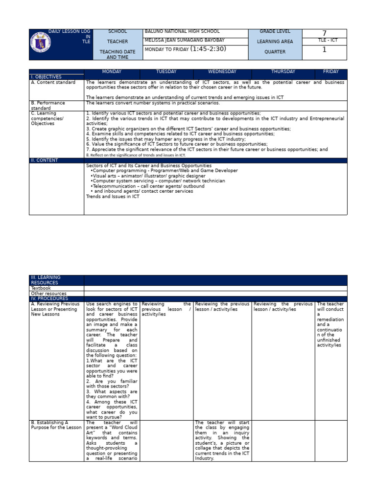 DLL in Tle Ict 7 Q1 Week 1 | PDF | Educational Technology | Teachers