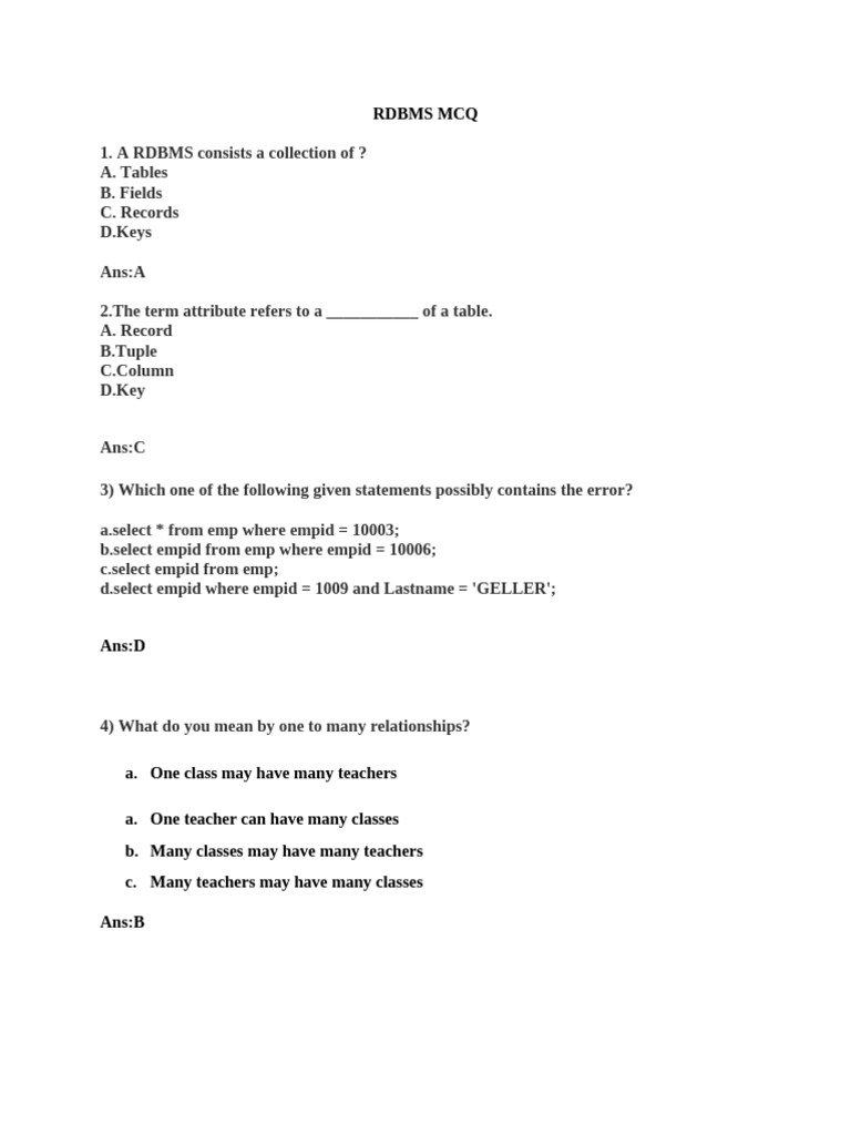RDBMS concepts MCQ | PDF