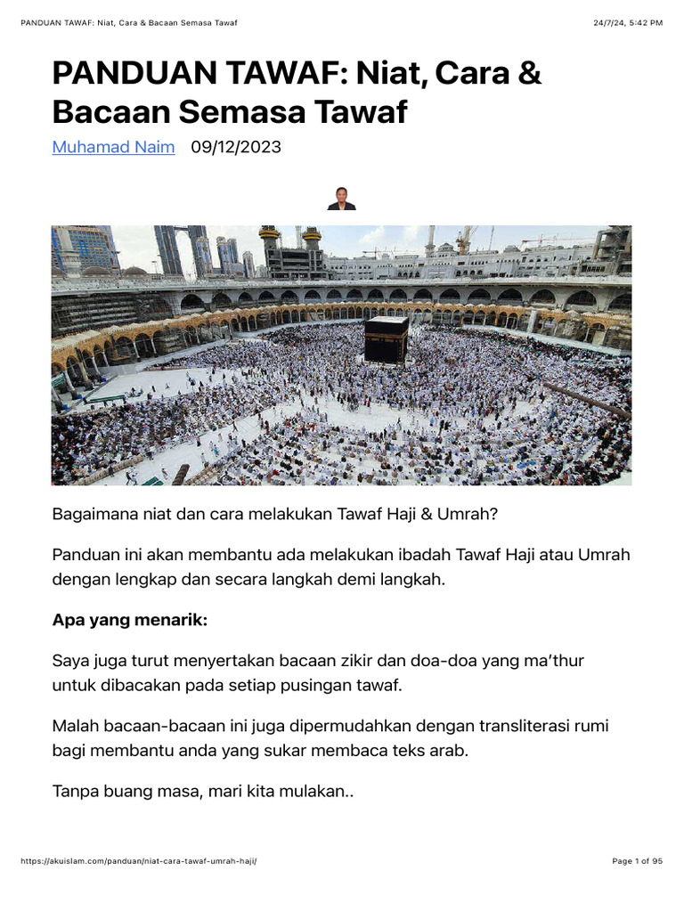 PANDUAN TAWAF: Niat, Cara & Bacaan Semasa Tawaf | PDF