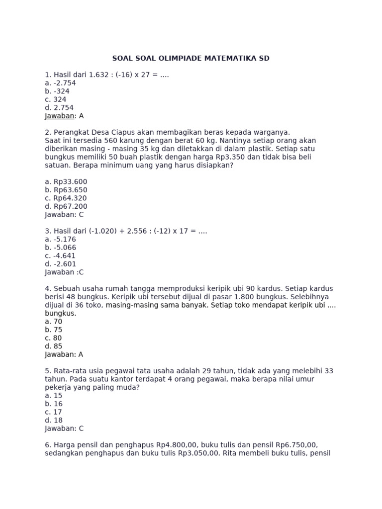 Soal Olimpiade Matematika SD | PDF