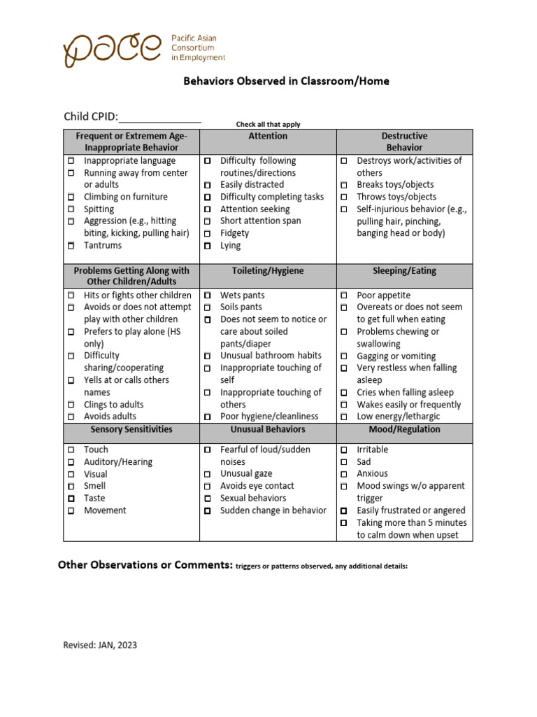 23 PACE Behaviors Observed in The Classroom and Home (FILLABLE) | PDF