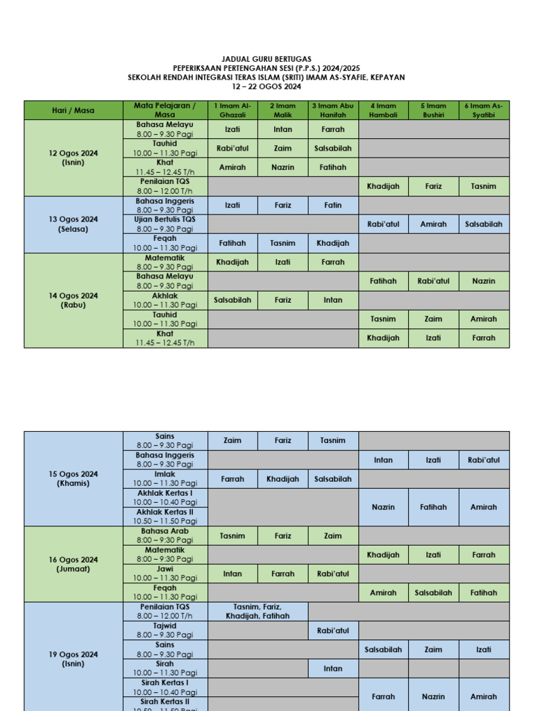 Jadual Guru Bertugas PPS Ogos 2024 | PDF