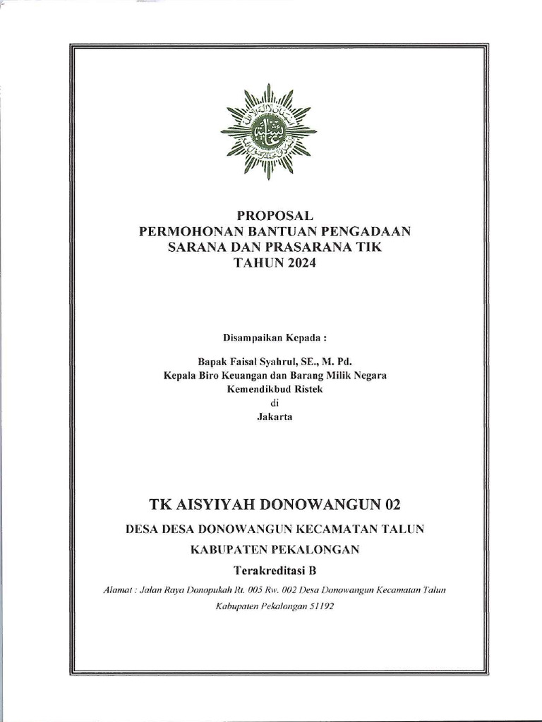 Proposal Pengajuan SARPRAS TK Aisyiyah Donowangun 02 | PDF