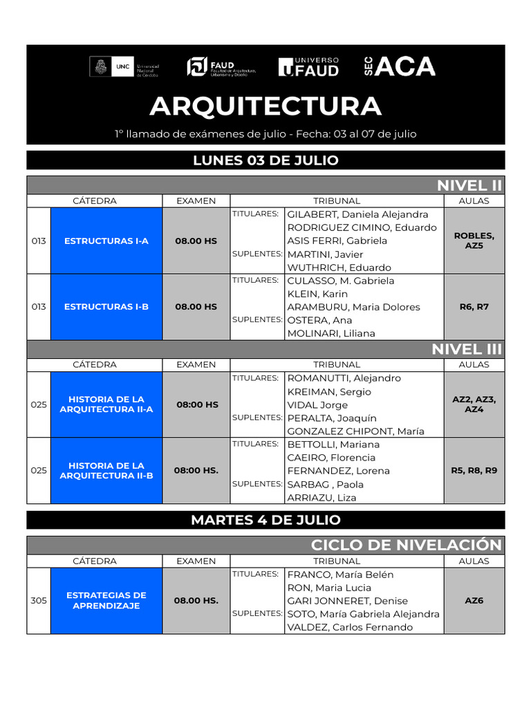 JULIO 1ero ARQ 2023 GRILLA EXAMENES 2 | PDF