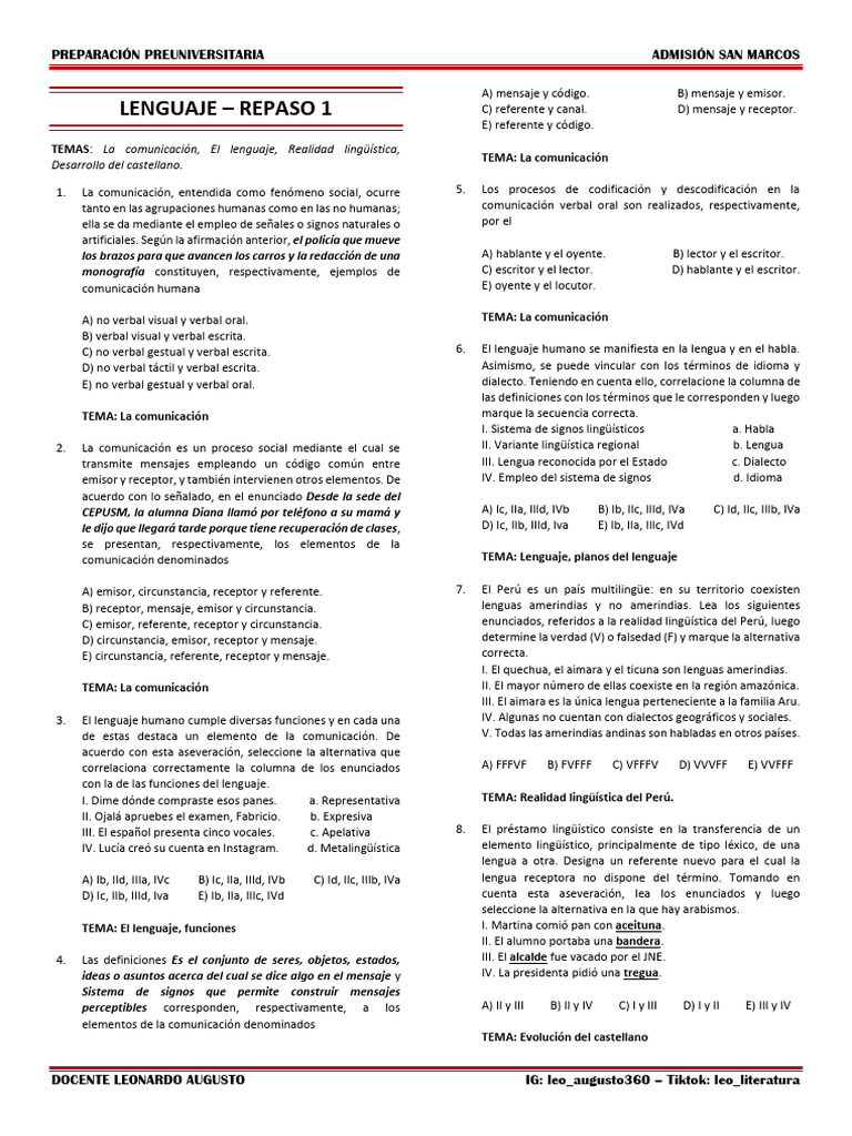 Lenguaje - Repaso 1 (Ejercicios) | PDF