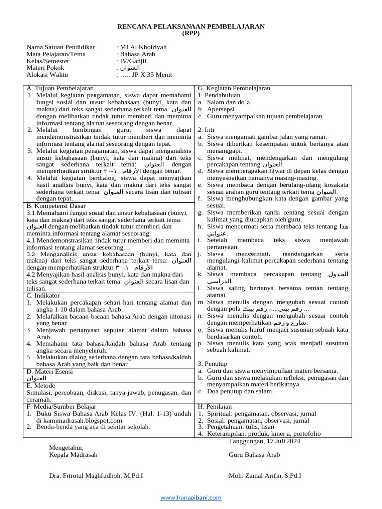 RPP Bahasa Arab KLS 4 | PDF