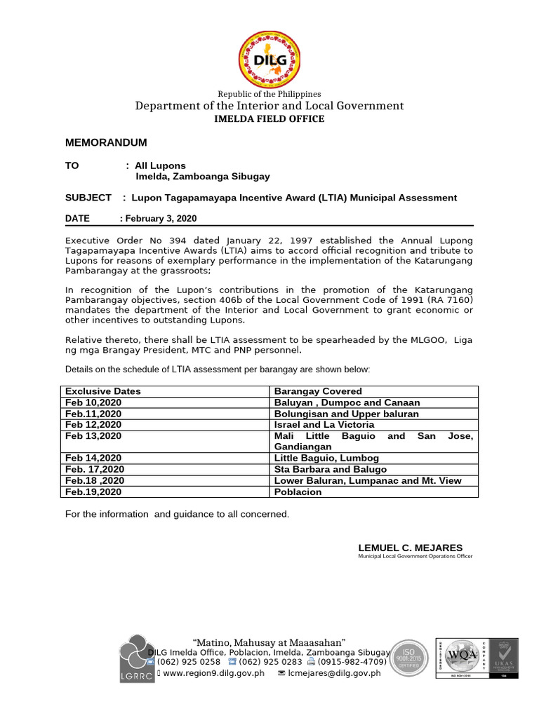 Lupon Tagapamayapa Incentive Award (LTIA) Municipal Assessment | PDF
