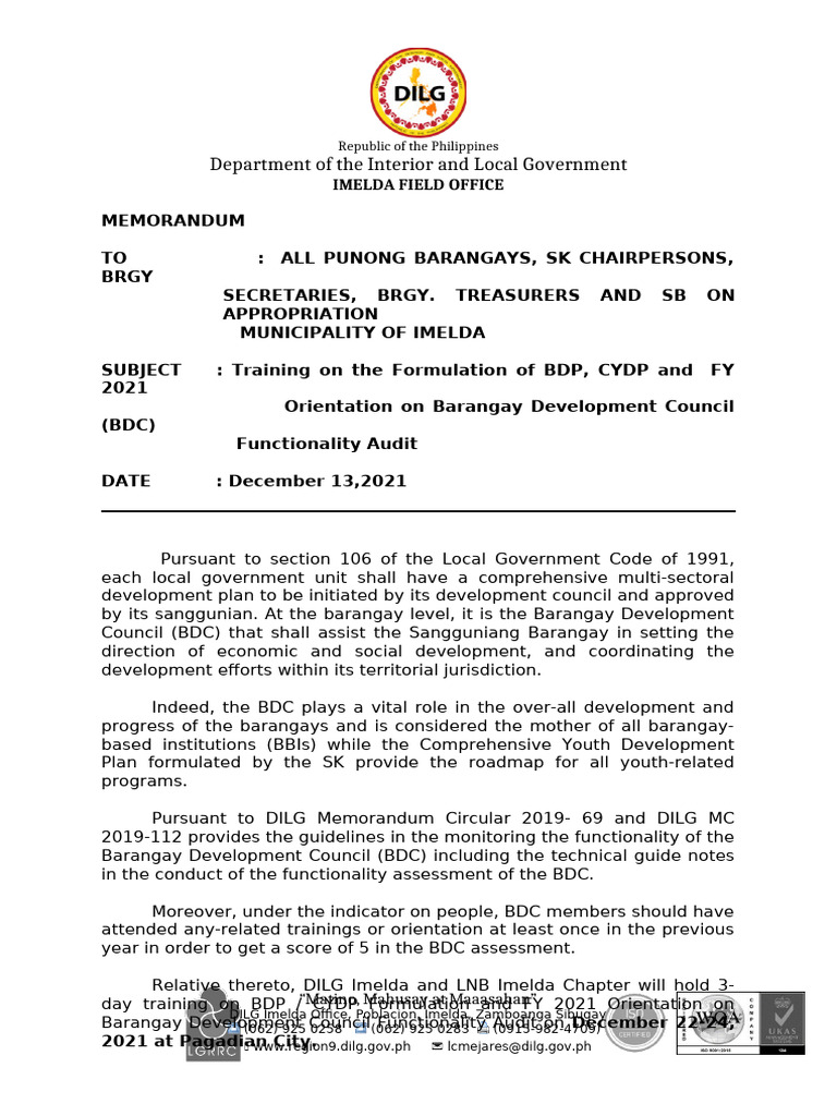 2019 Barangay Development Council (BDC) Functionality | PDF