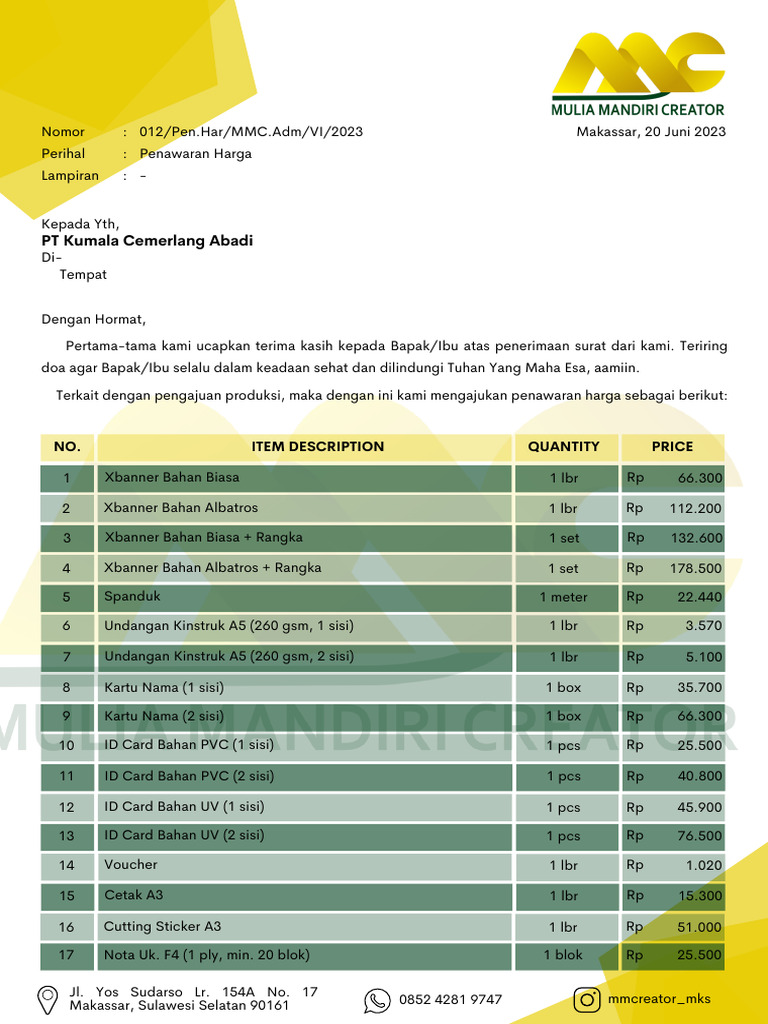 Penawaran PT Kumala Cemerlang Abadi | PDF