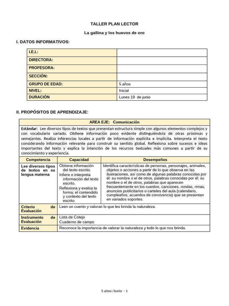 Taller Plan Lector La Gallina de Los Huevos de Oro | PDF