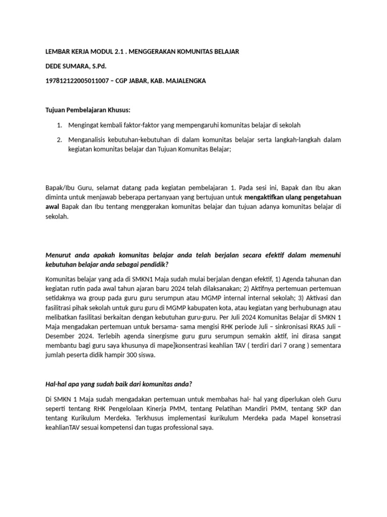 LEMBAR KERJA MODUL 2.1 - Dede Sumara - CGP JABAR - KabMajalengka | PDF