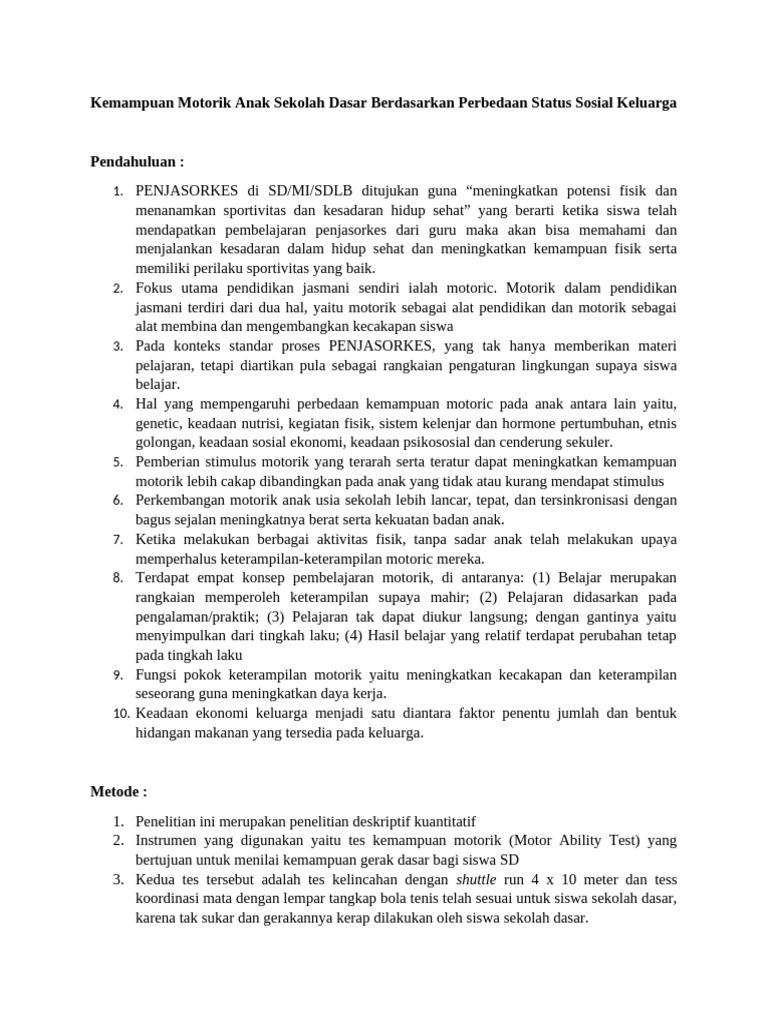 Kemampuan Motorik Anak Sekolah Dasar Berdasarkan Perbedaan Status ...