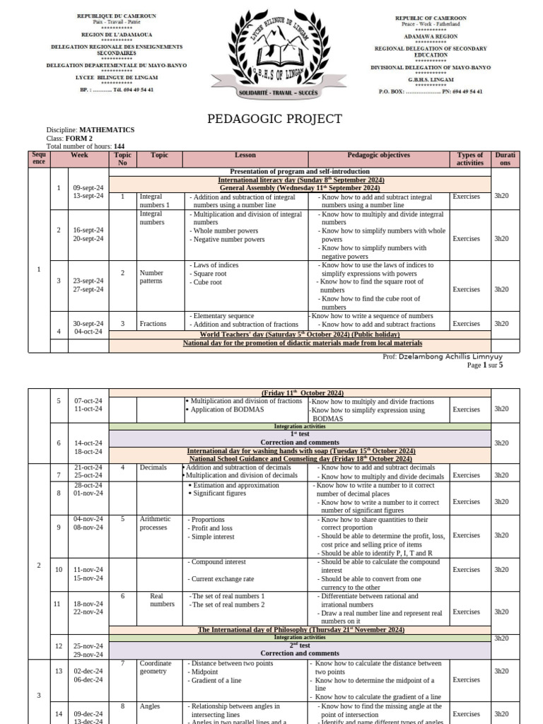 Pedagogic Project Form 2 Maths 2024-2025 Lingam | PDF | Triangle | Circle