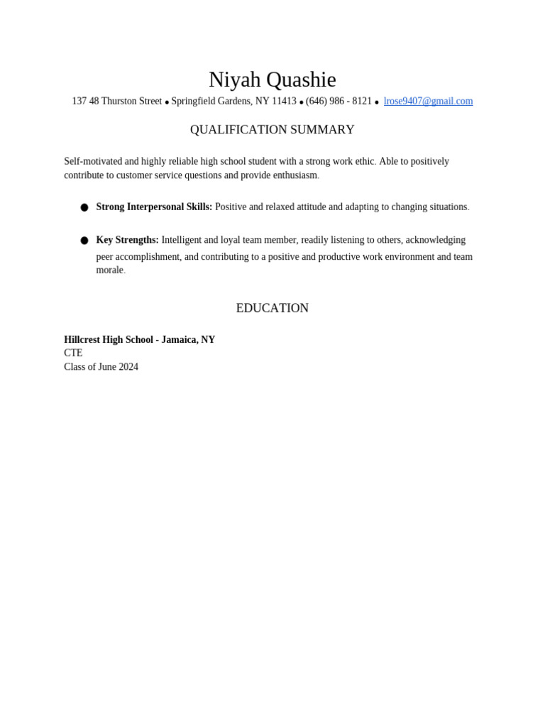Niyah Quashie: Qualification Summary | PDF