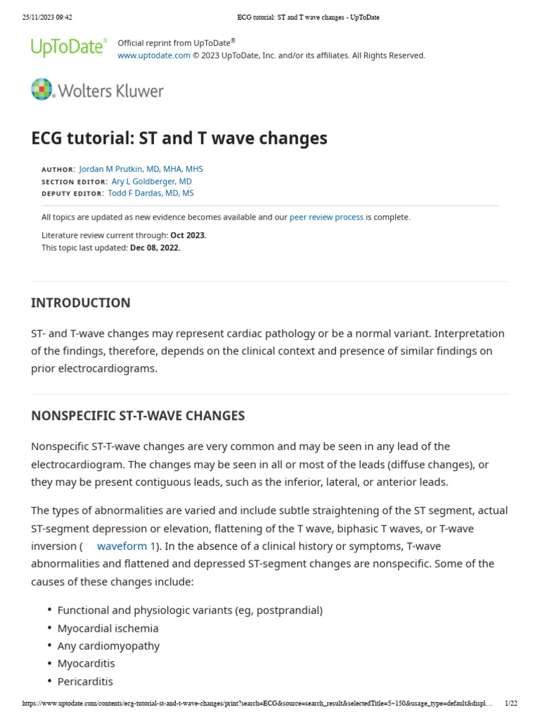 ECG Tutorial - ST and T Wave Changes - UpToDate | PDF
