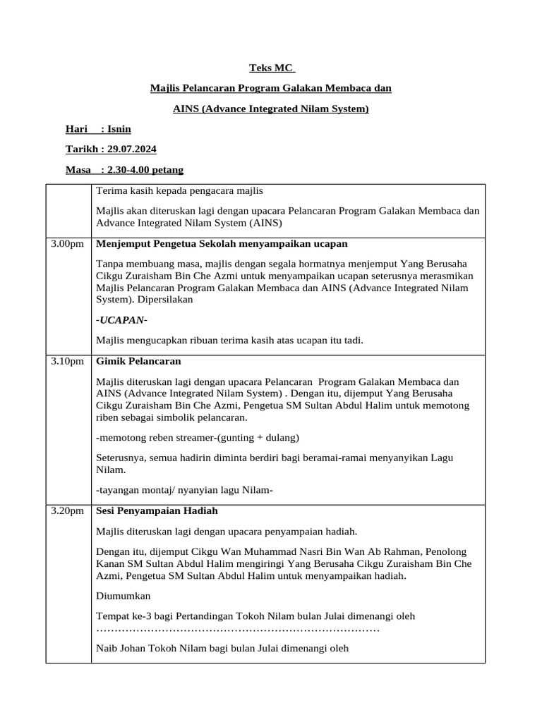 TEKS MC Majlis Pelancaran NILAM & AINS | PDF