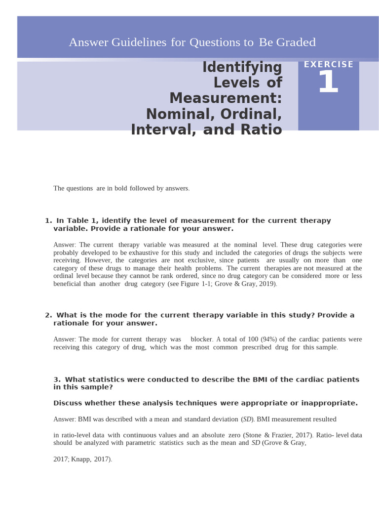 Exercise 1 Identifying Levels of Measurement Nominal, Ordinal, Interval, and Ratio | PDF | Level ...