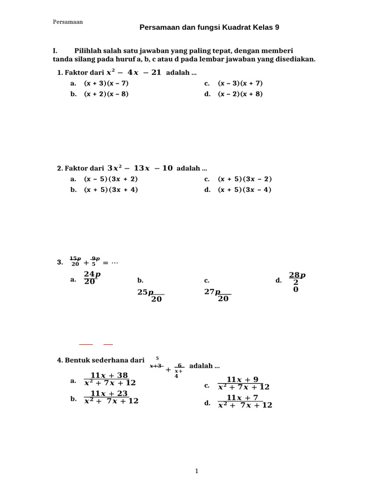 543137285-14-Soal-Pembahasan-Persamaan-dan-Fungsi-Kuadrat-Matematika-Kls-9 | PDF
