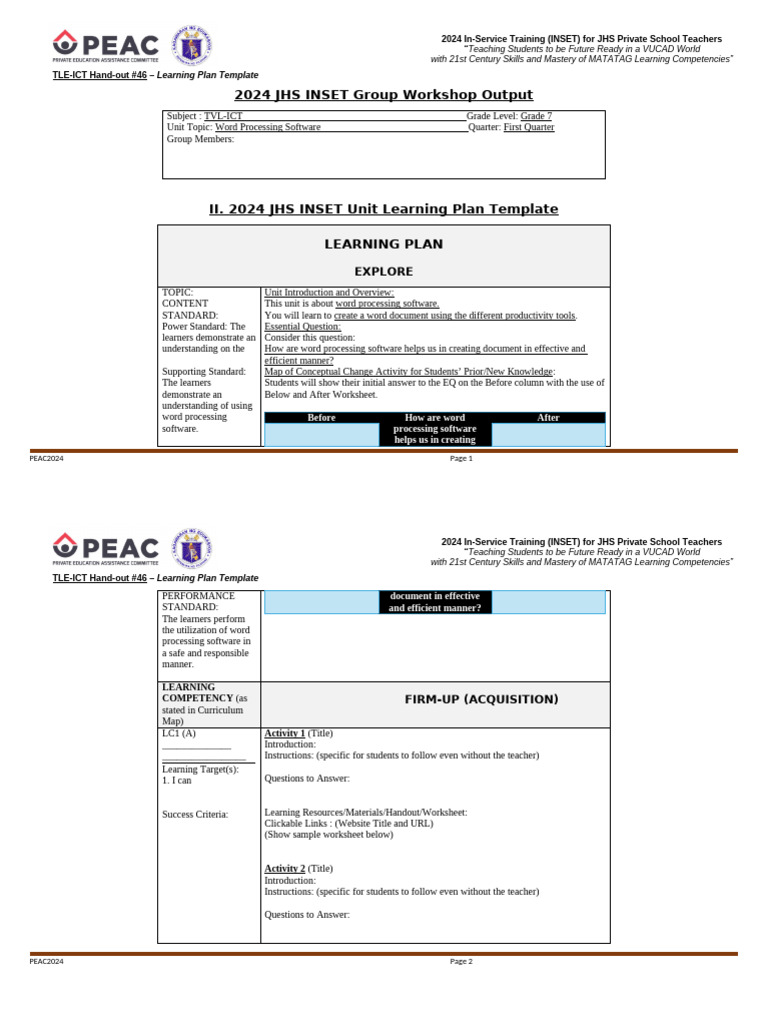 HO46 S8 2024 TLE ICT Learning Plan Template | PDF