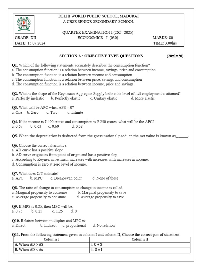 Grade Xii Economics Quarter Examination QP | PDF