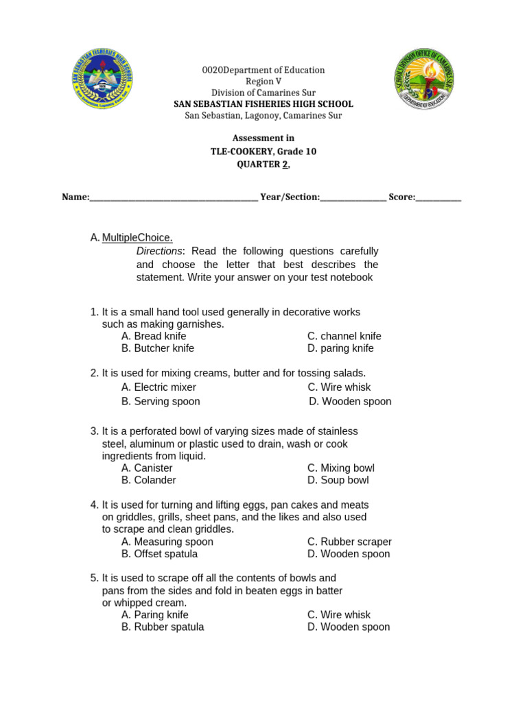 Assessment Cookery TLE 10 Q2 | PDF