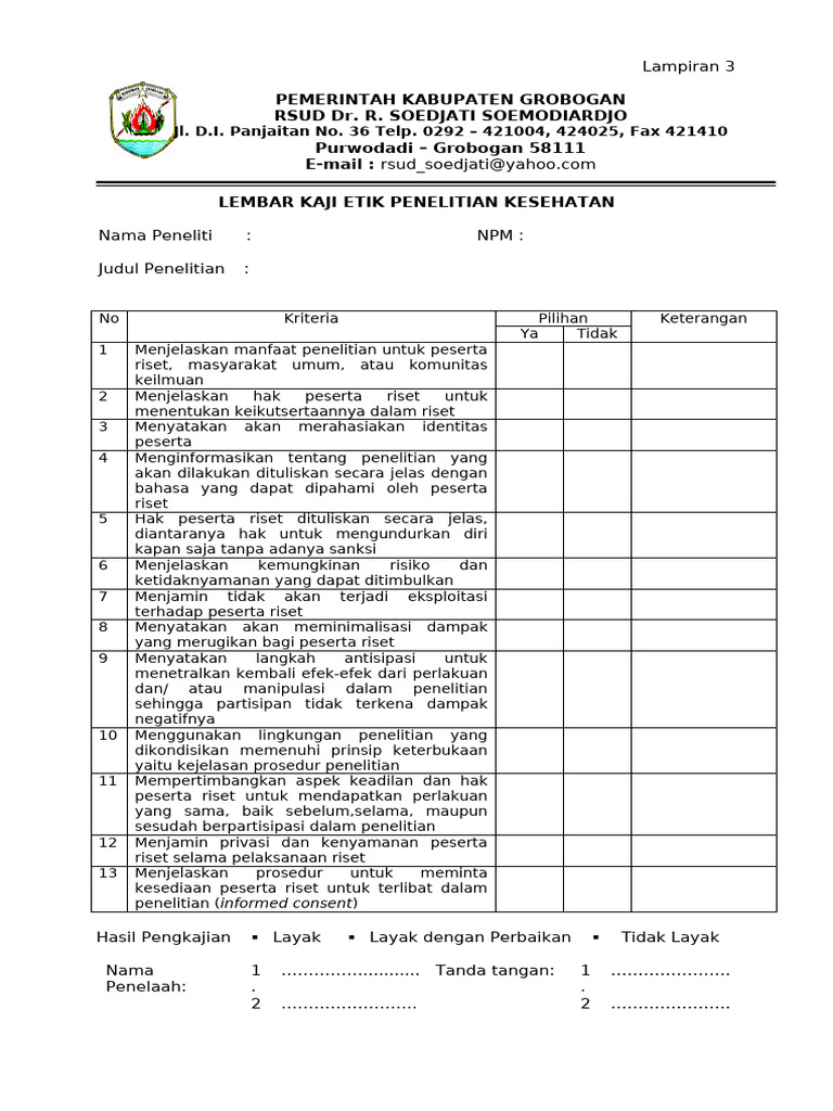 Lembar Kaji Etik Penelitian Kesehatan Rsud | PDF