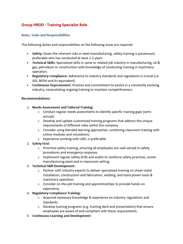 JD of Training Specialist Role | PDF