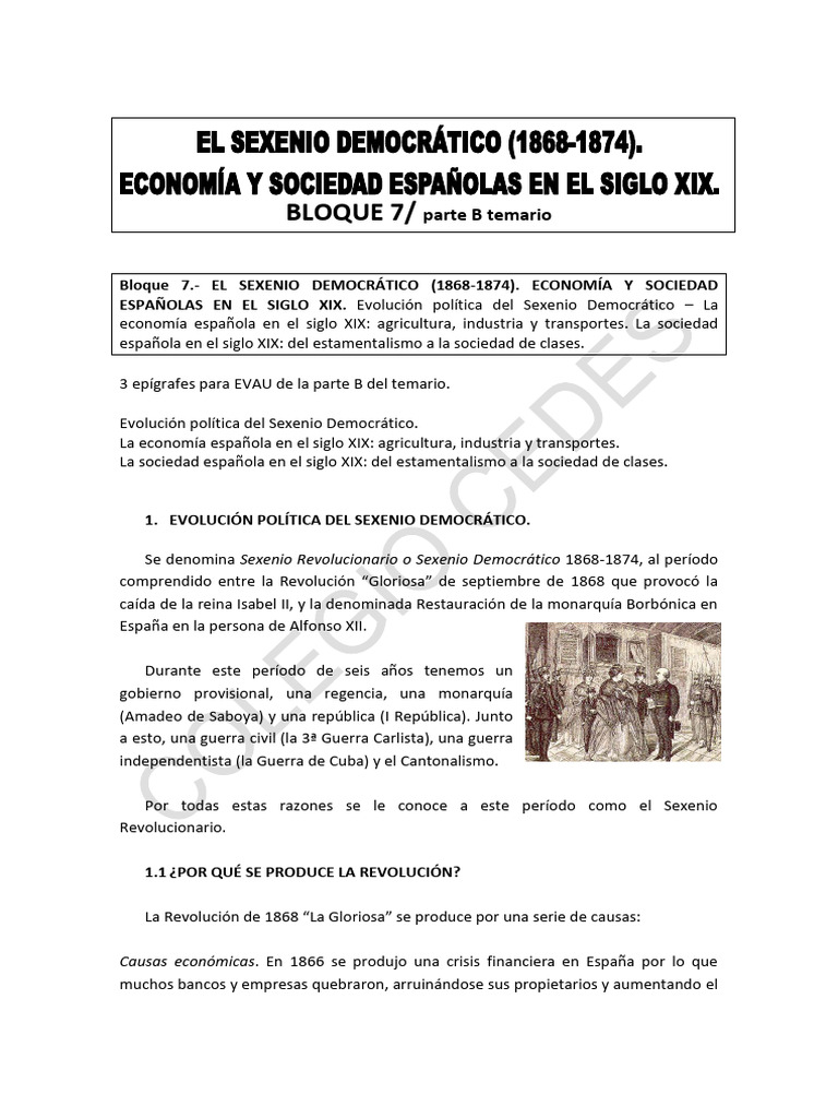 Tema 12 El Sexenio Democrático (1868-1874) - Economía y Sociedad en El Siglo XIX. | PDF