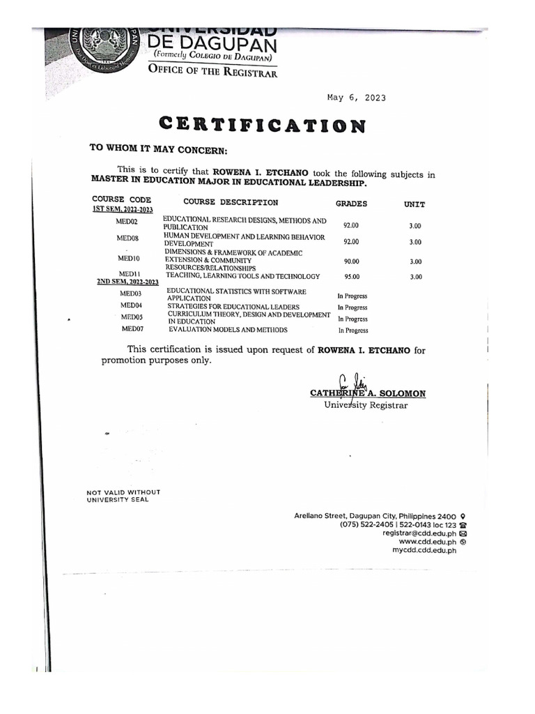 Certificate-Of-Grade - Masteral | PDF