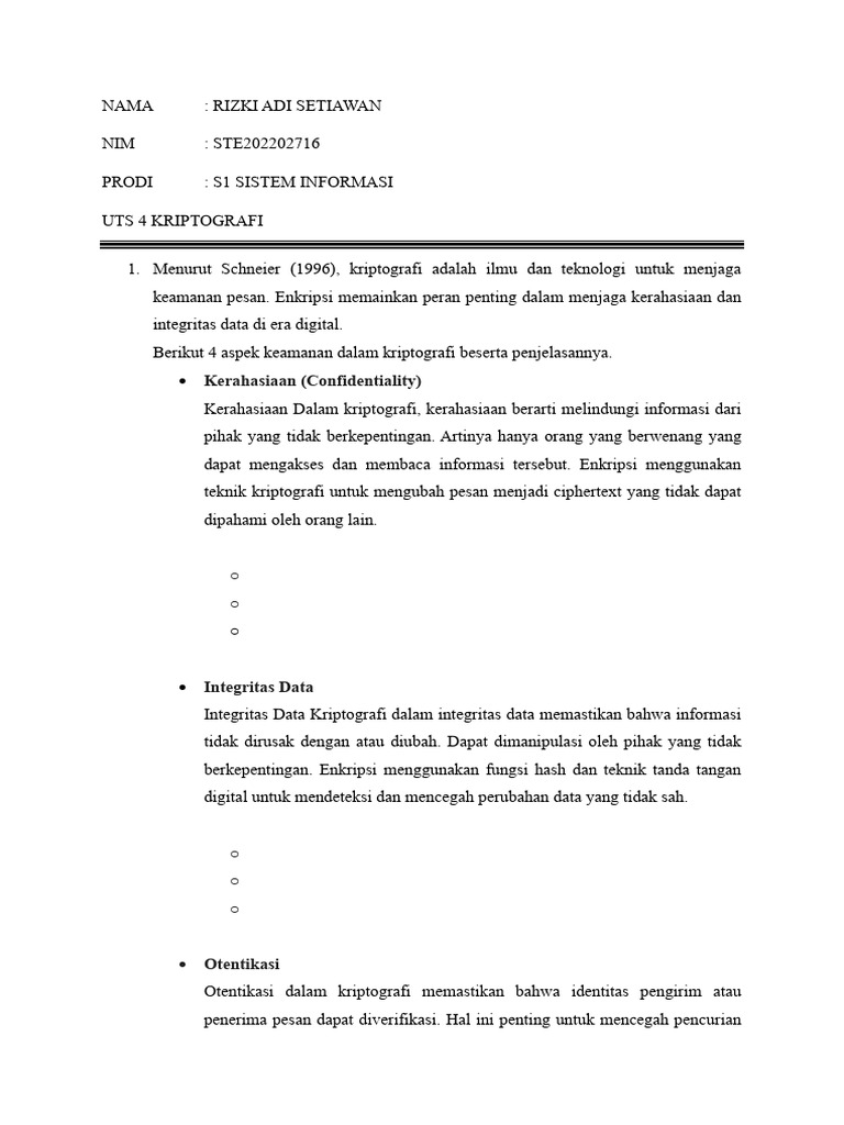 Uts SMT 4 Kriptografi - Rizki Adi Setiawan - Ste202202716 | PDF