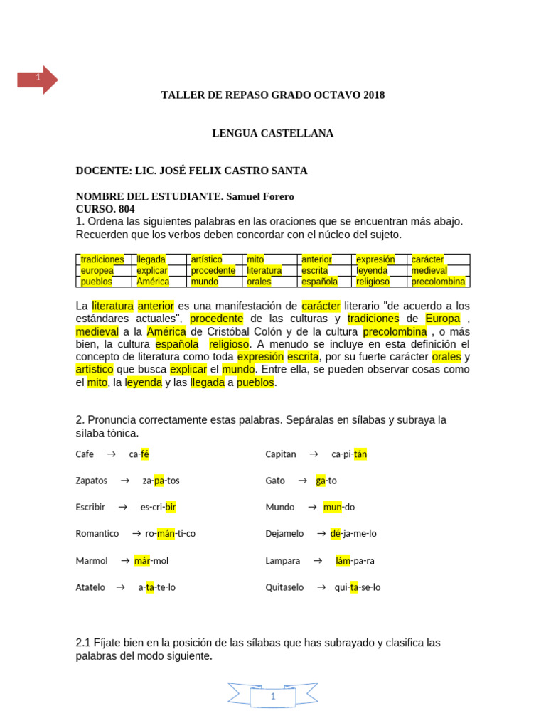 TALLER DE REPASO GRADO OCTAVO 2018 Samuel Forero 804 | PDF ...