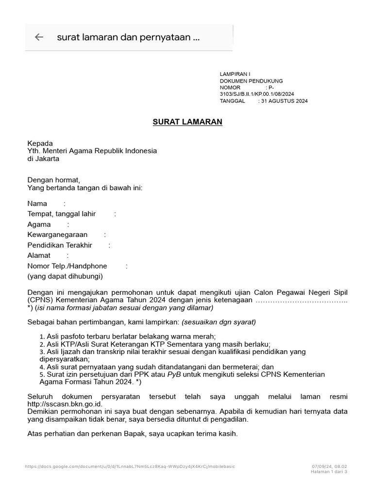 Surat Lamaran Dan Pernyataan Cpns Kemenag 2024 | PDF
