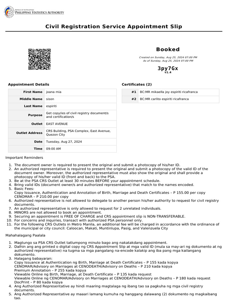Civil Registration Service Appointment Slip: 3py7gx | PDF