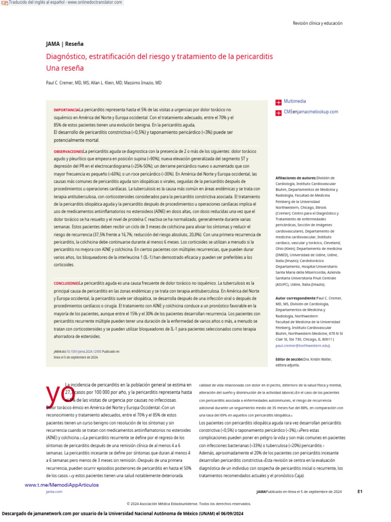 Diagnóstico, Estratificación Del Riesgo y Tratamiento de La Pericarditis | PDF