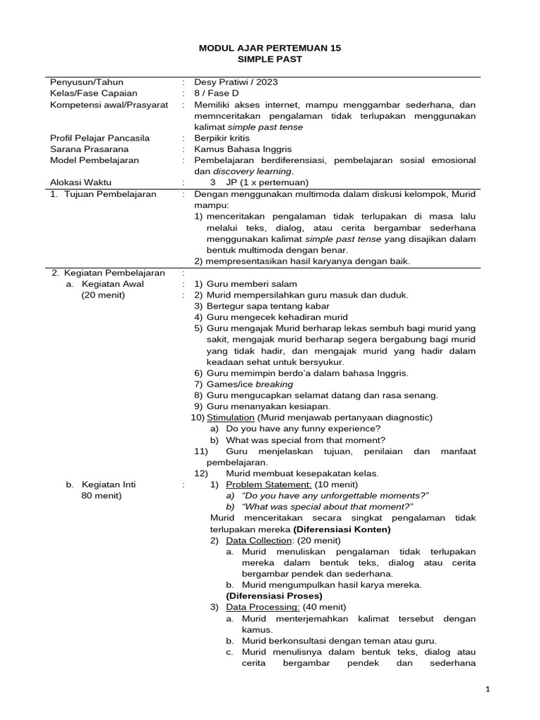 RPP 8 Materi 15 Simple Past Tense | PDF
