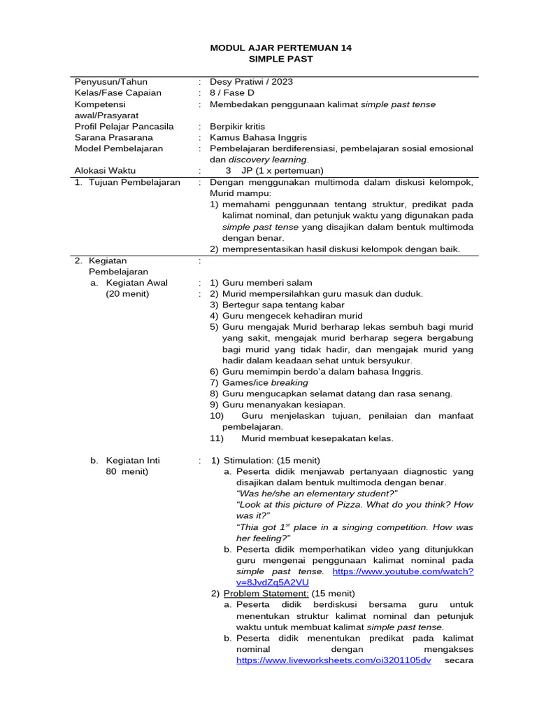 RPP 8 Materi 14 Simple Past Tense | PDF