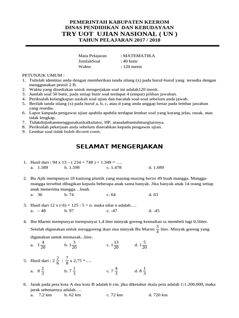 Latihan Soal US SD MI 2016 Matematika 5 | PDF