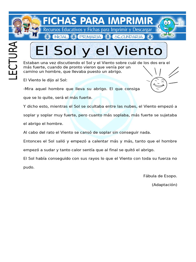Ficha de El Sol y El Viento para Primaria | PDF