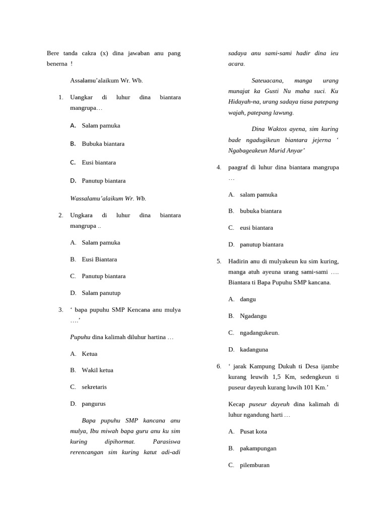 Soal - PAS - Bahasa - Sunda 9 | PDF