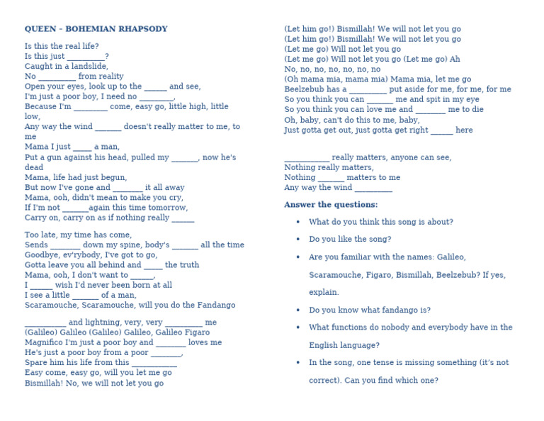 Music Worksheet Queen Bohemian Rhapsody | PDF