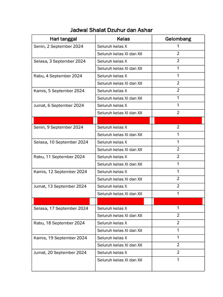 Jadwal Shalat Dzuhur Dan Ashar September | PDF