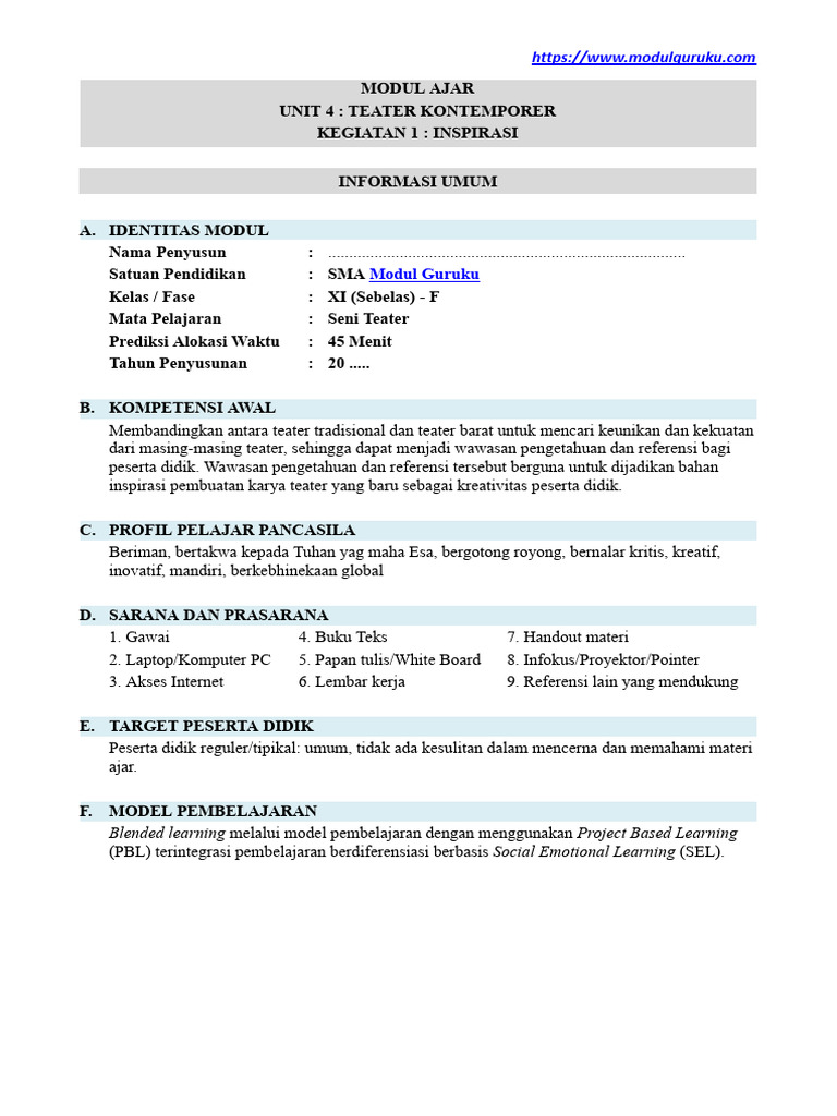Modul Ajar Seni Teater Kelas XI SMA Fase F Unit 4 | PDF